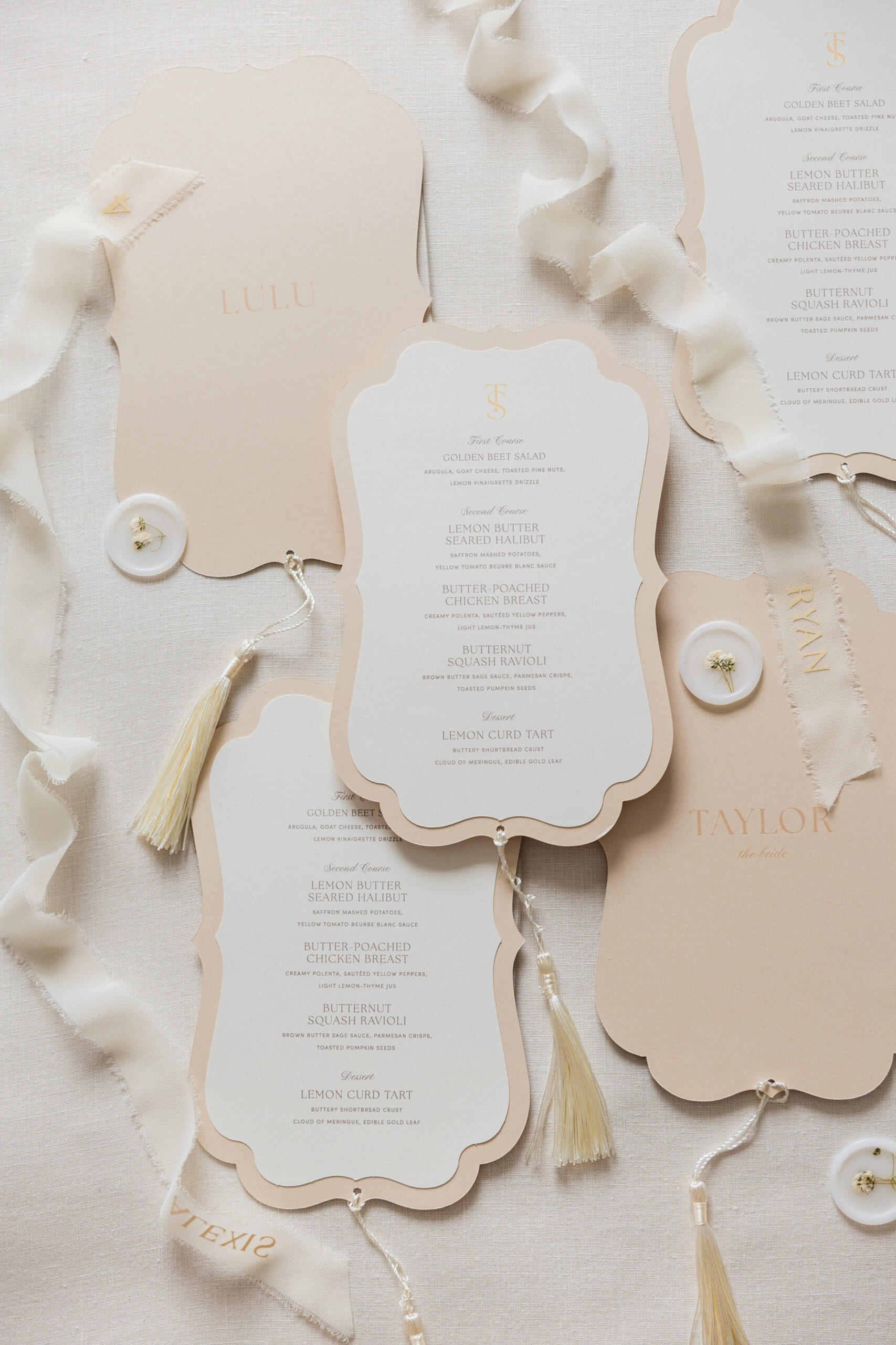 Elegant wedding menus with scalloped edges capture the butter yellow ...