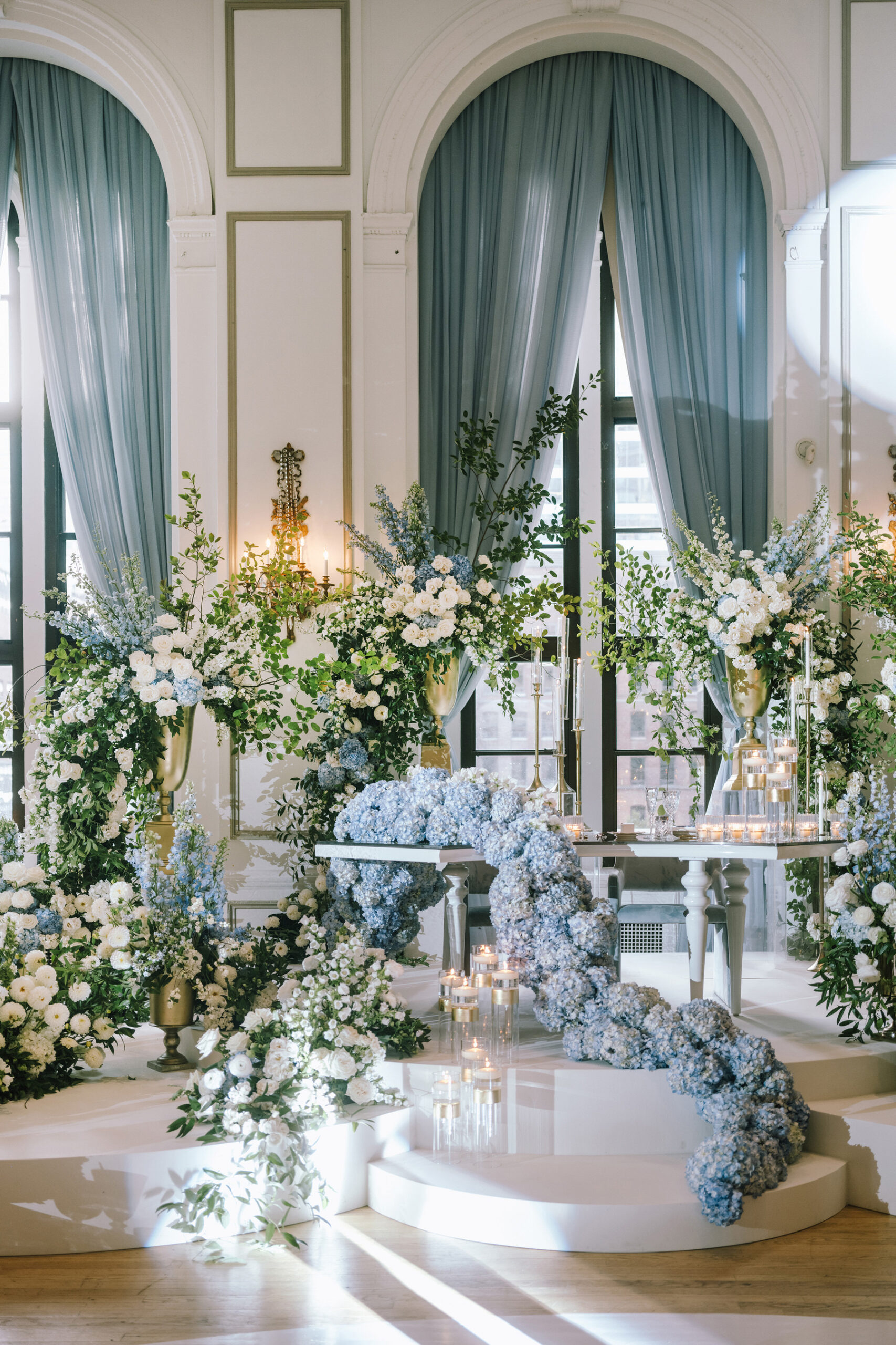 Elegant indoor wedding setup in a fresh Rococo style, featuring ...