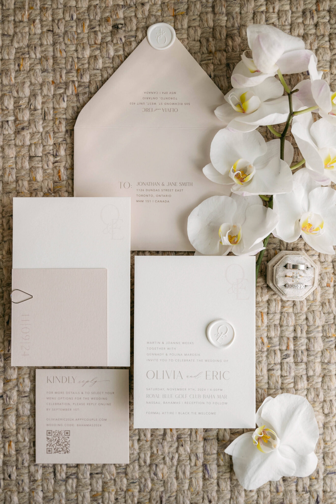 Flat lay of an elegant Destination Wedding in the Bahamas invitation ...