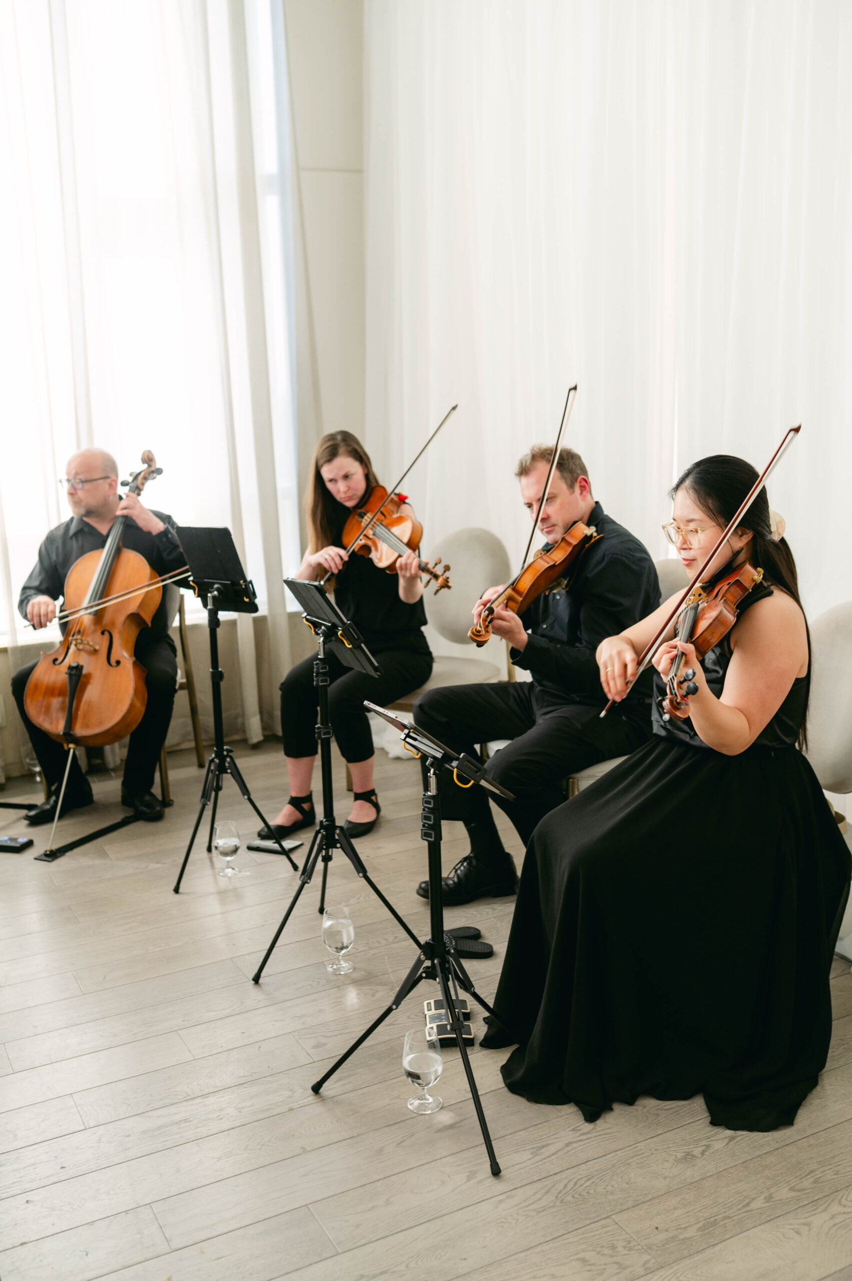 Four musicians, dressed in black, play string instruments—two violins ...